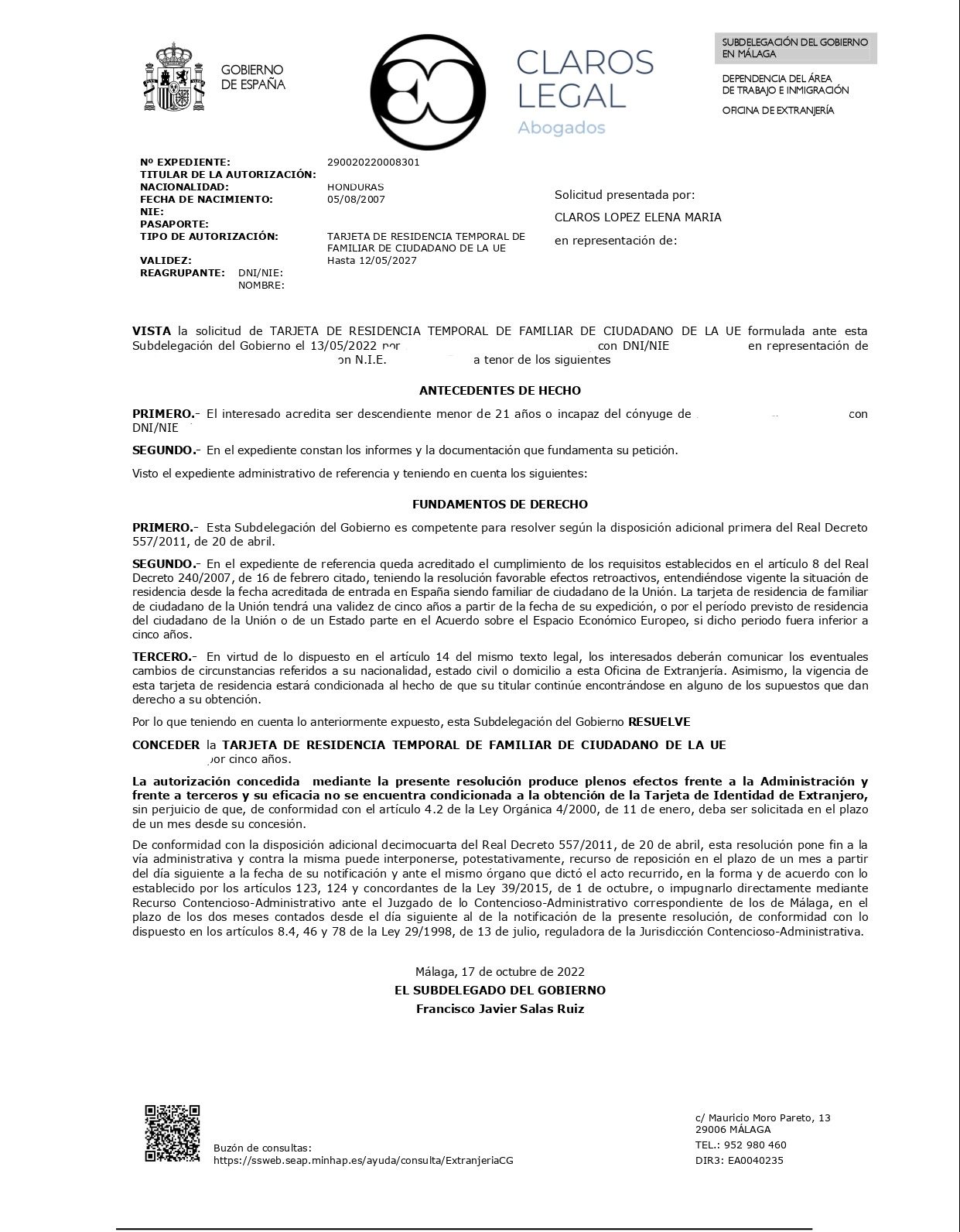 RESOLUCION FAVORABLE RESIDENCIA POR FAMILIAR DE CIUDADANO DE LA UE ...